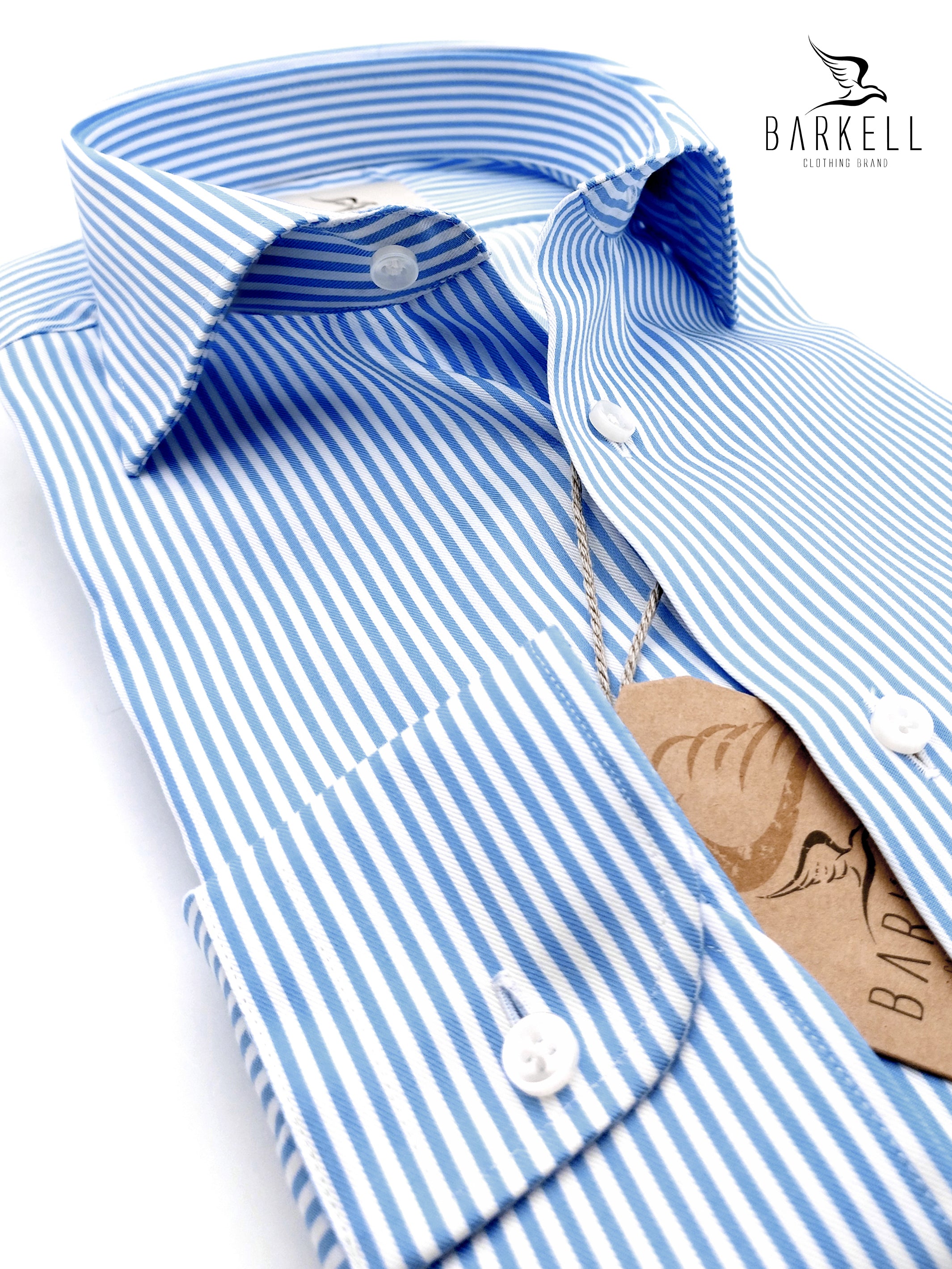 Camicia in Cotone No Stiro Rigata Bianca e Celeste Collo Francese – BARKELL