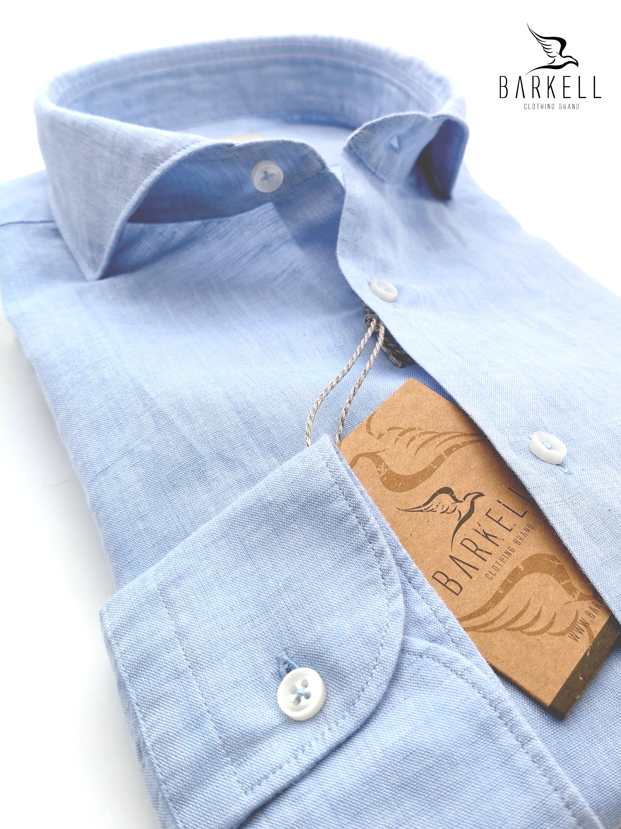 Camicia in Misto Lino Celeste Collo Francese Cutaway – BARKELL